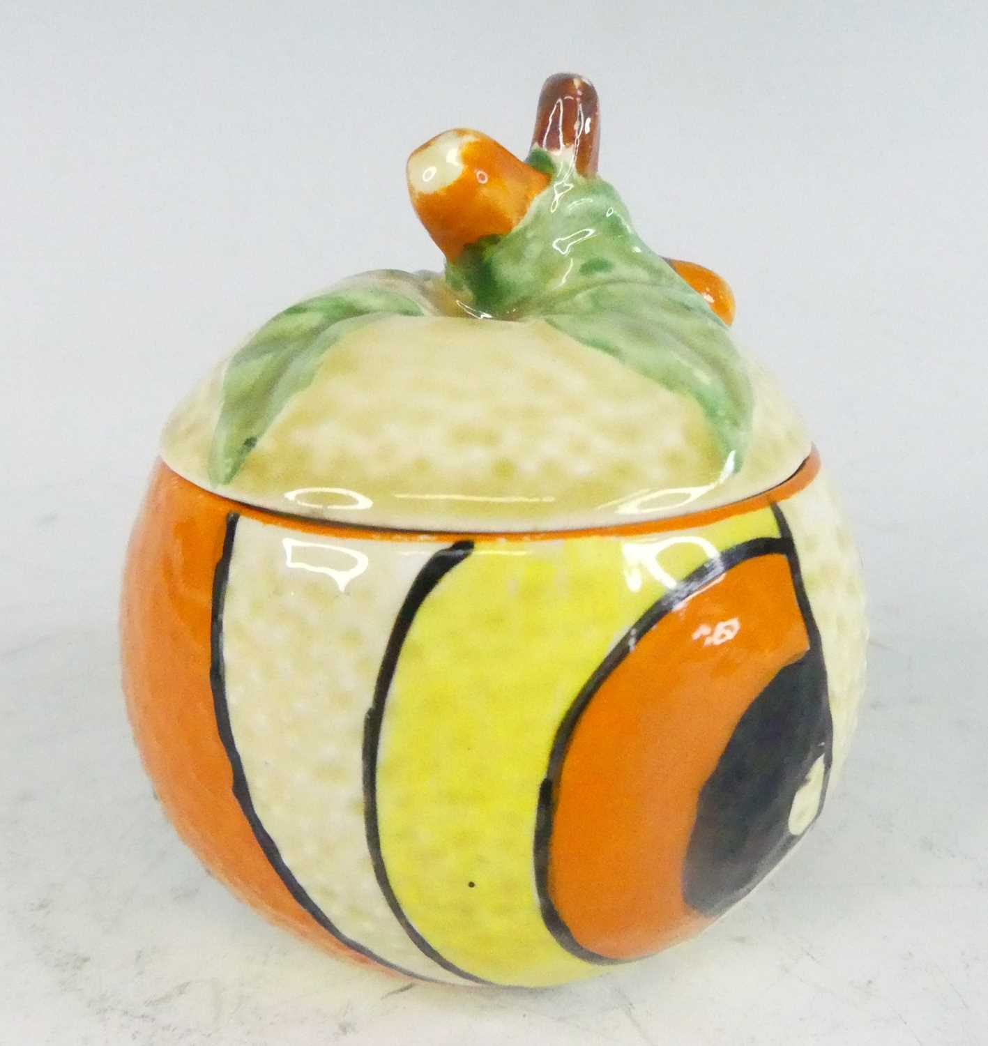 A 1930s Clarice Cliff Swirls pattern pottery preserve pot and cover ...