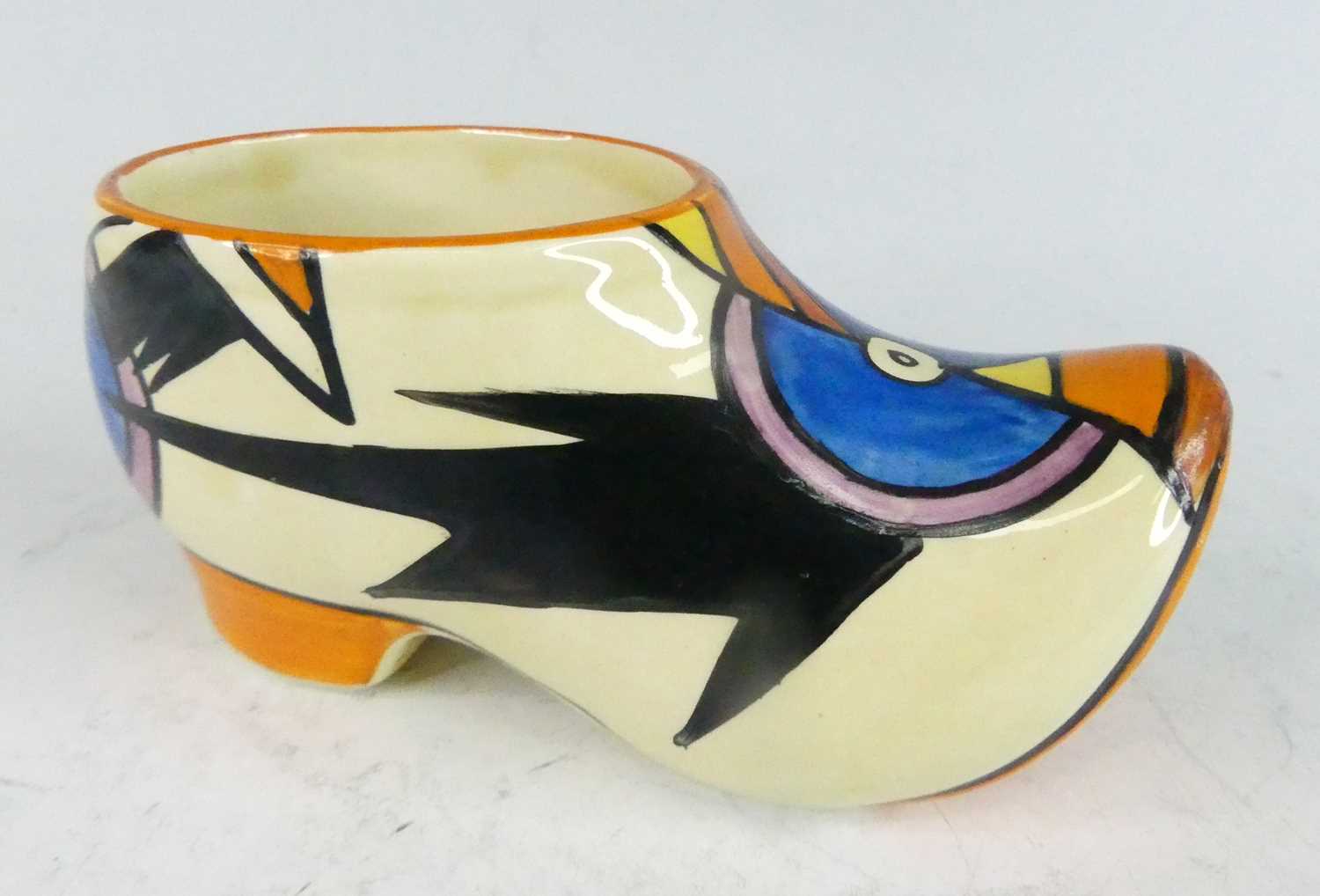 A rare 1930s Clarice Cliff Lightning pattern pottery large clog ...